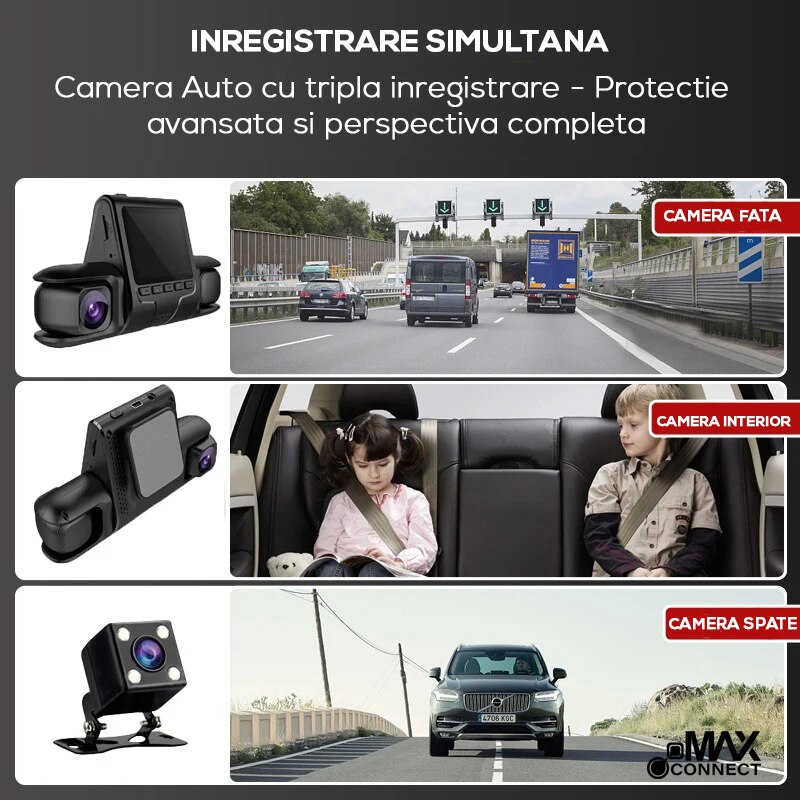 Camera Video Auto DVR Tripla, Full HD, Rezolutie 1080p, Ecran IPS LCD ...