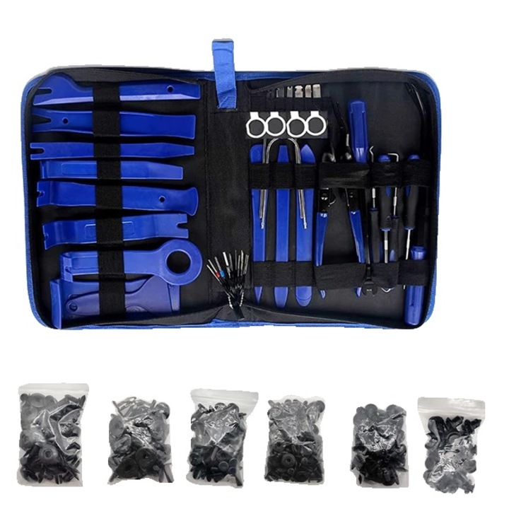 Set scule demontare tapiterie auto, 38 piese, albastru, 190 cleme, husa ...