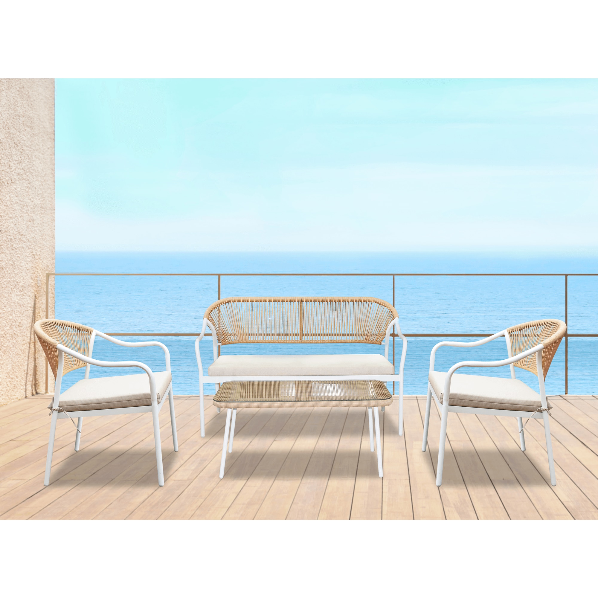 Set de mobilier de gradina, din ratan, 4 piese, alb, bej, otel, ratan ...