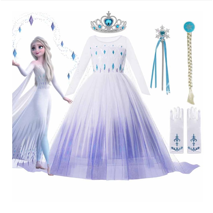 Set costum carnaval Elsa Frozen 2, cu pelerina si accesorii, 5-6ani ...