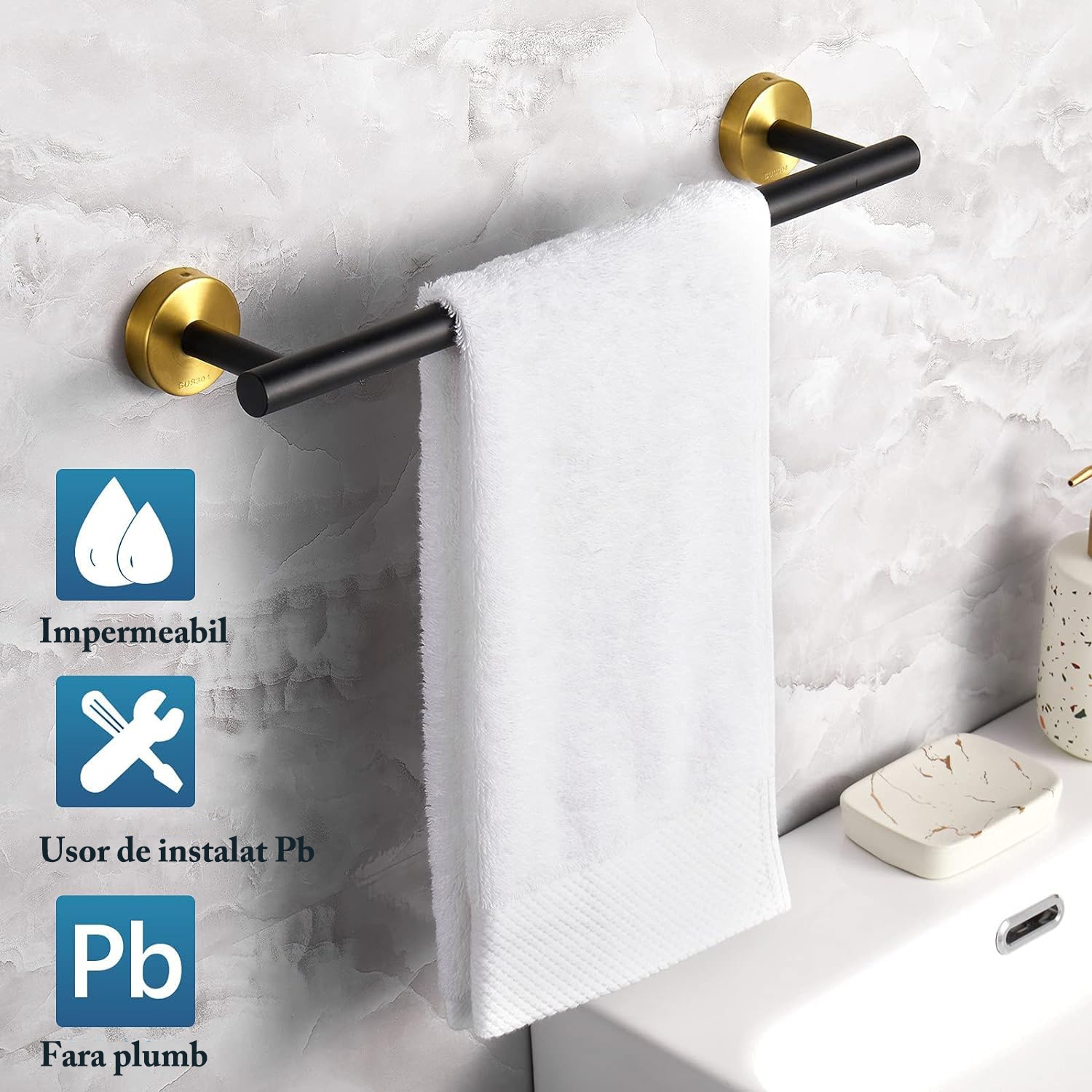 Set 5 Suport Prosoape Baie, BYONDSELF®, Inox, Include Bara de Prosoape, Suport pentru Hartie ...
