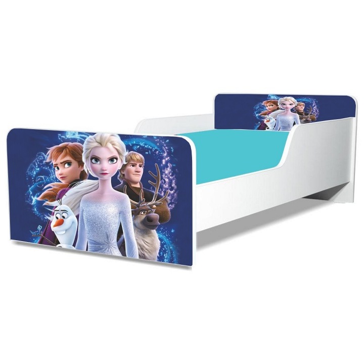 Pat pentru copii Elsa, 140x70 cm, alb/multicolor, saltea inclusa - eMAG.ro