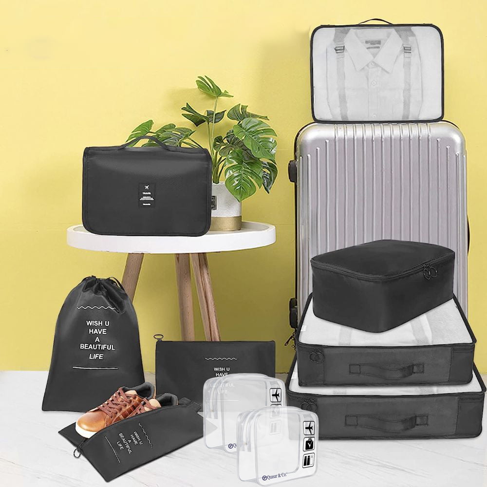 Set 8 huse organizare bagaj si 2 gentute cosmetice calatorie, Quasar ...