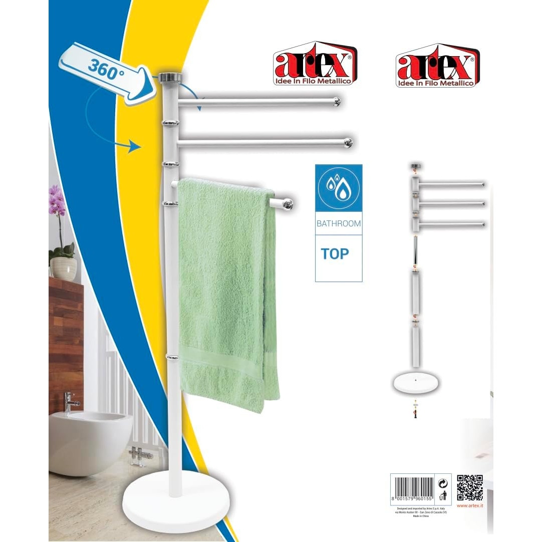 Suport pentru prosoape Artex cu stativ si 3 bare rotative, alb, 22 x 86 ...