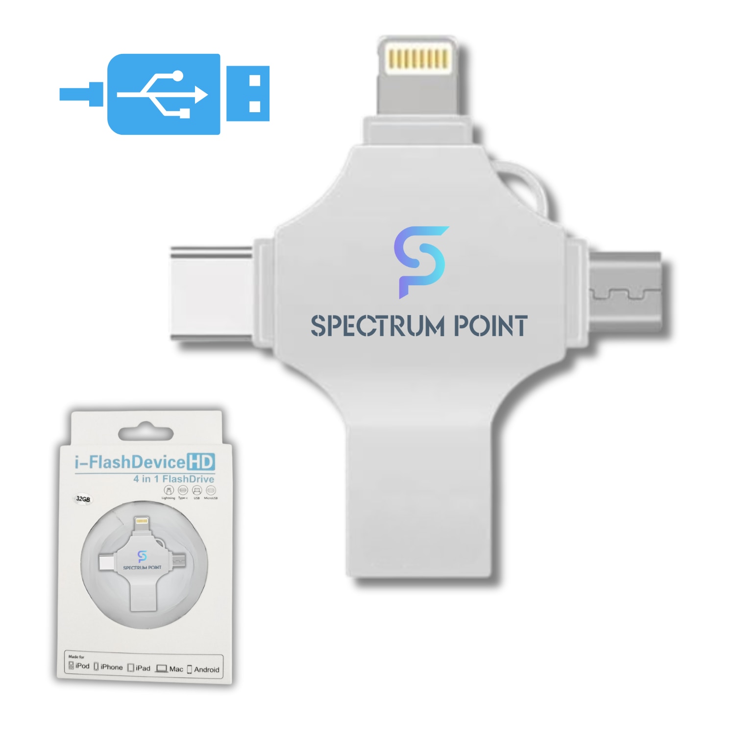 Stick USB 128 GB, 4-in-1 USB 3.0 + Type-C + MicroUSB + Lightning ...