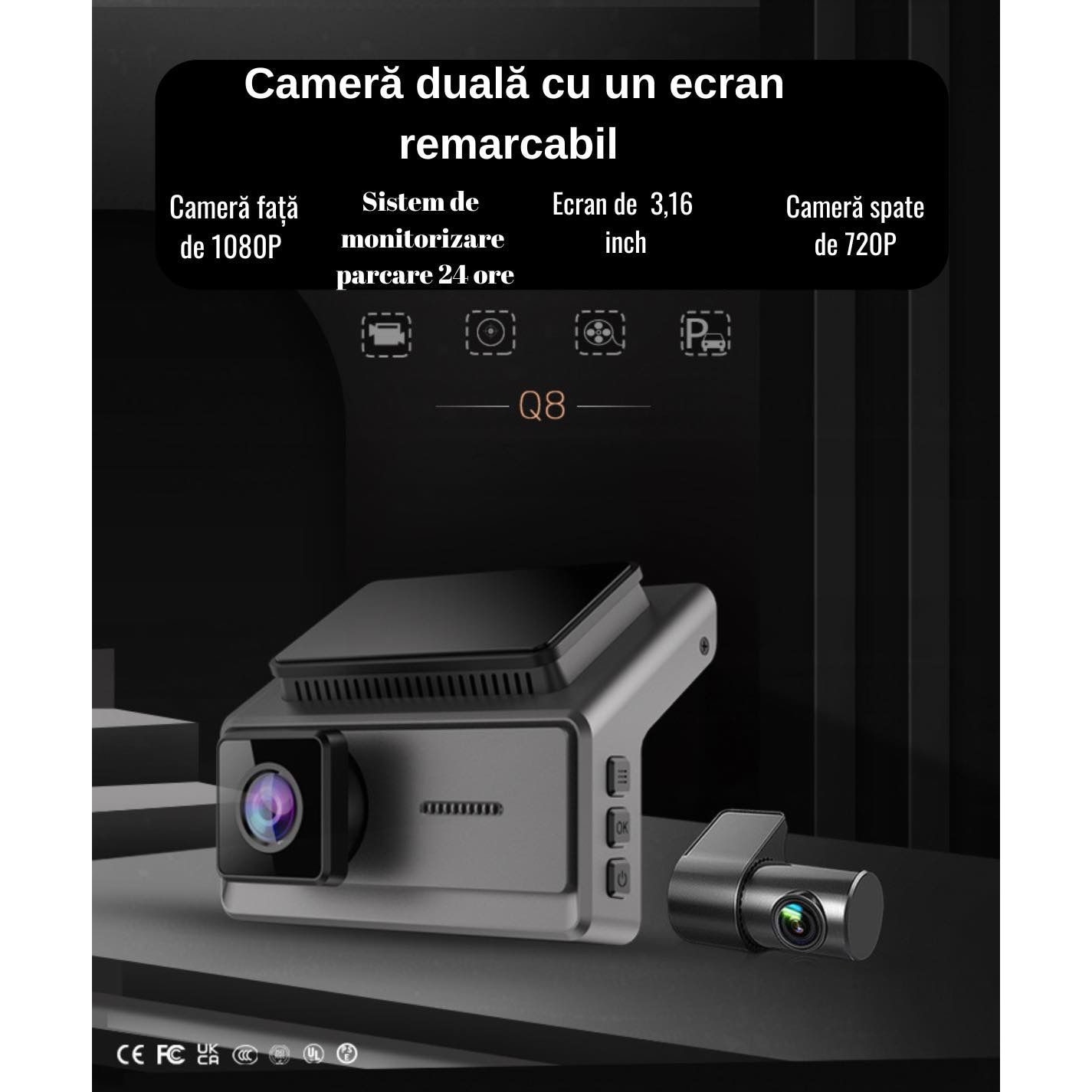 Camera auto Q8, Dash Cam Pro Plus, 1080P, IPS 3.16, ADAS, Night Vision ...