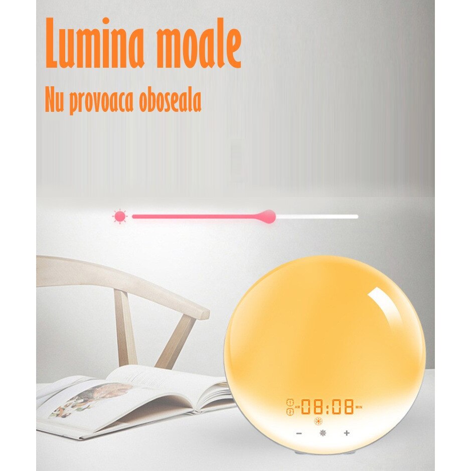 Lampa LED Inteligenta, Radio FM cu Ceas si Alarma, Simulare Rasarit ...