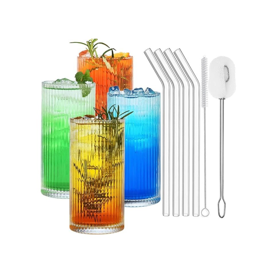 Set de 4 pahare de cocktail, ALINK, cu 4 paie din sticla si ustensile ...
