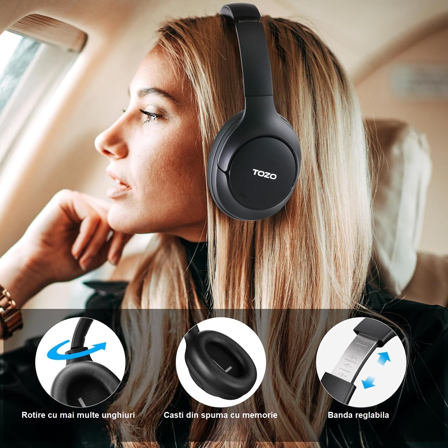 Casti Wireless Over-Ear TOZO® H10 Adaptive Hybrid Active Noise Cancelling, Hi-Res Audio ...