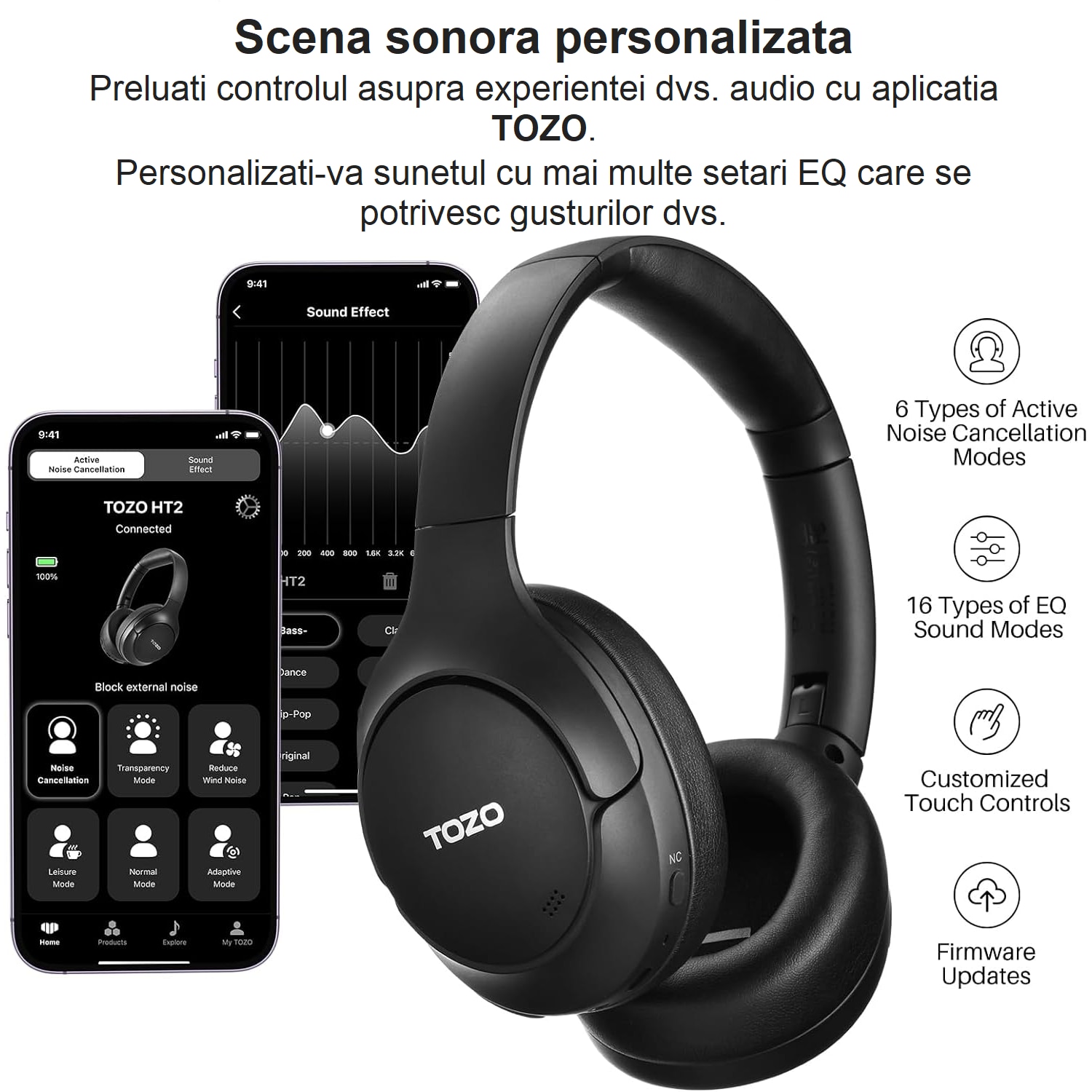 Casti Wireless Over-Ear TOZO® H10 Adaptive Hybrid Active Noise Cancelling, Hi-Res Audio ...