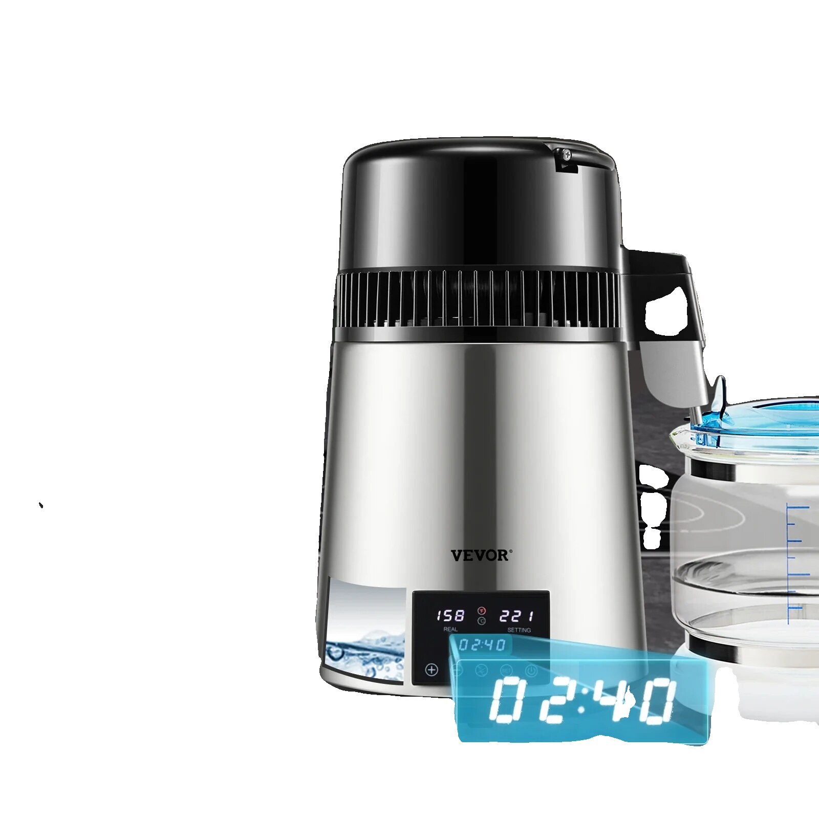 Distilator de apa, Vevor, Inox/Sticla borosilicata, 1.5L/ora, argintiu ...