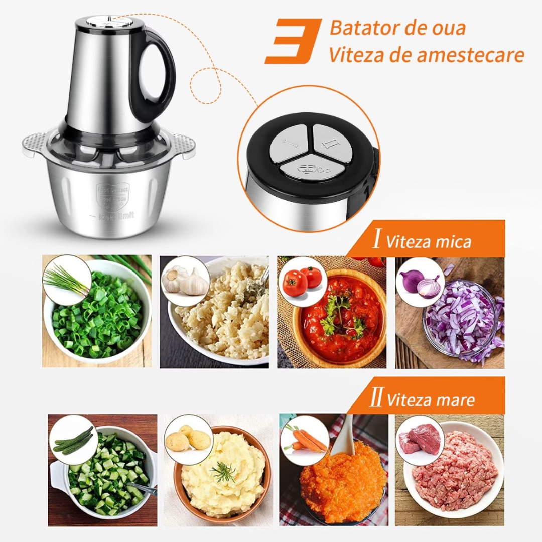 Tocator electric pentru carne si legume, 4 lame din otel inoxidabil de ...
