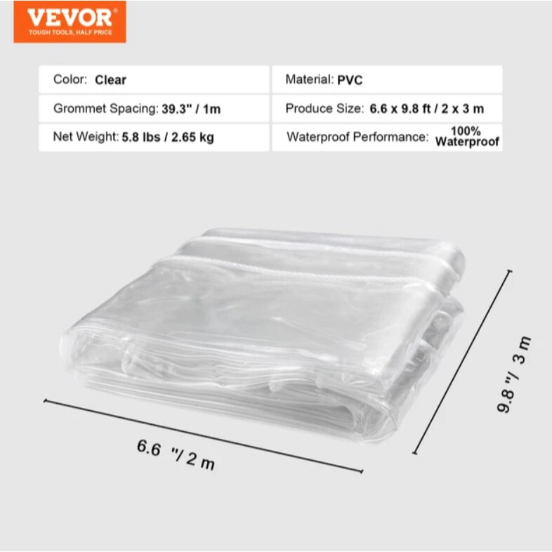 Prelata Vevor, transparent, rezistenta la ploaie, PVC, 2x3m, 380gsm ...