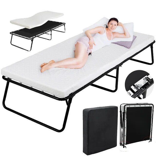 Pat pliant cu saltea, Portabil, Otel, Alb/Negru - eMAG.ro