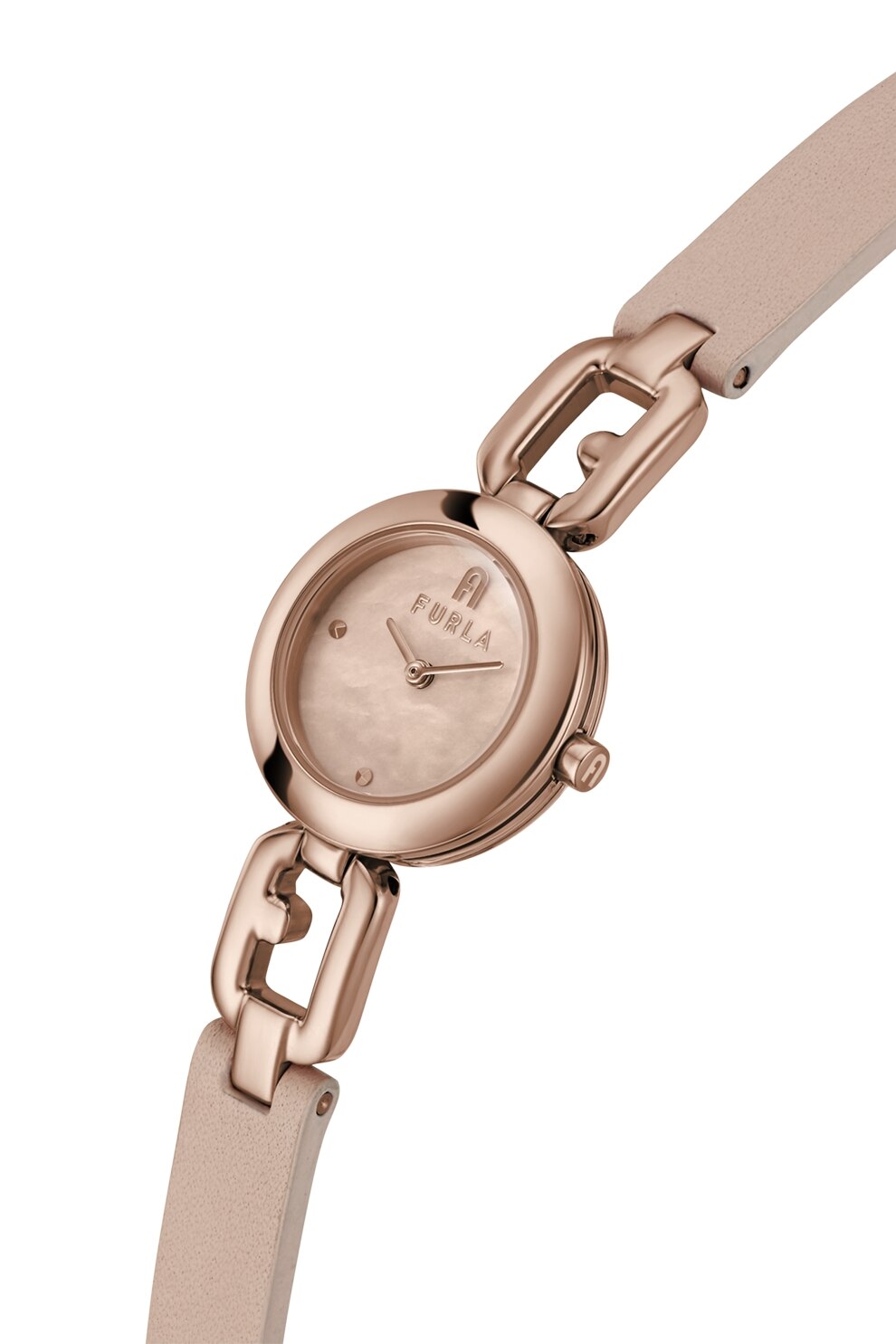 Furla, Ceas analog cu o curea de piele Arco Chain, Auriu rose - eMAG.ro
