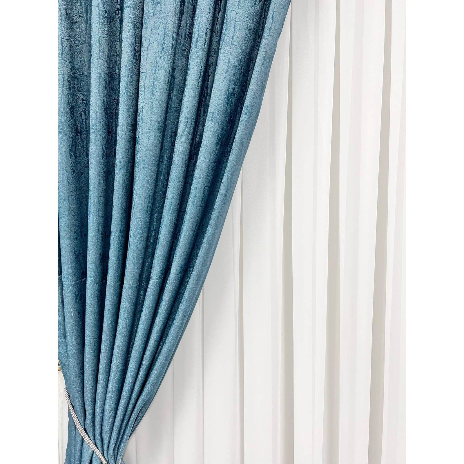 Set 2 draperii Gravel, albastru, lucrate pe rejansa lata de 10 cm ...