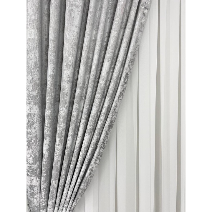 Set 2 draperii Venti, gri deschis lucrate pe rejansa lata de 10 cm ...