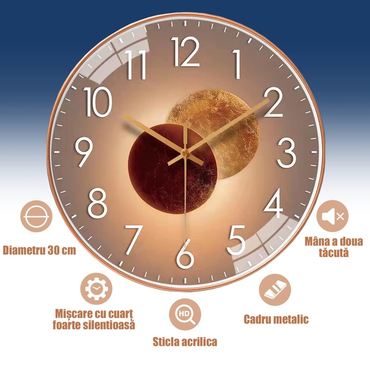 Ceas perete living, Silentios, 30cm, BYONDSELF®, Alimentat cu baterie ...
