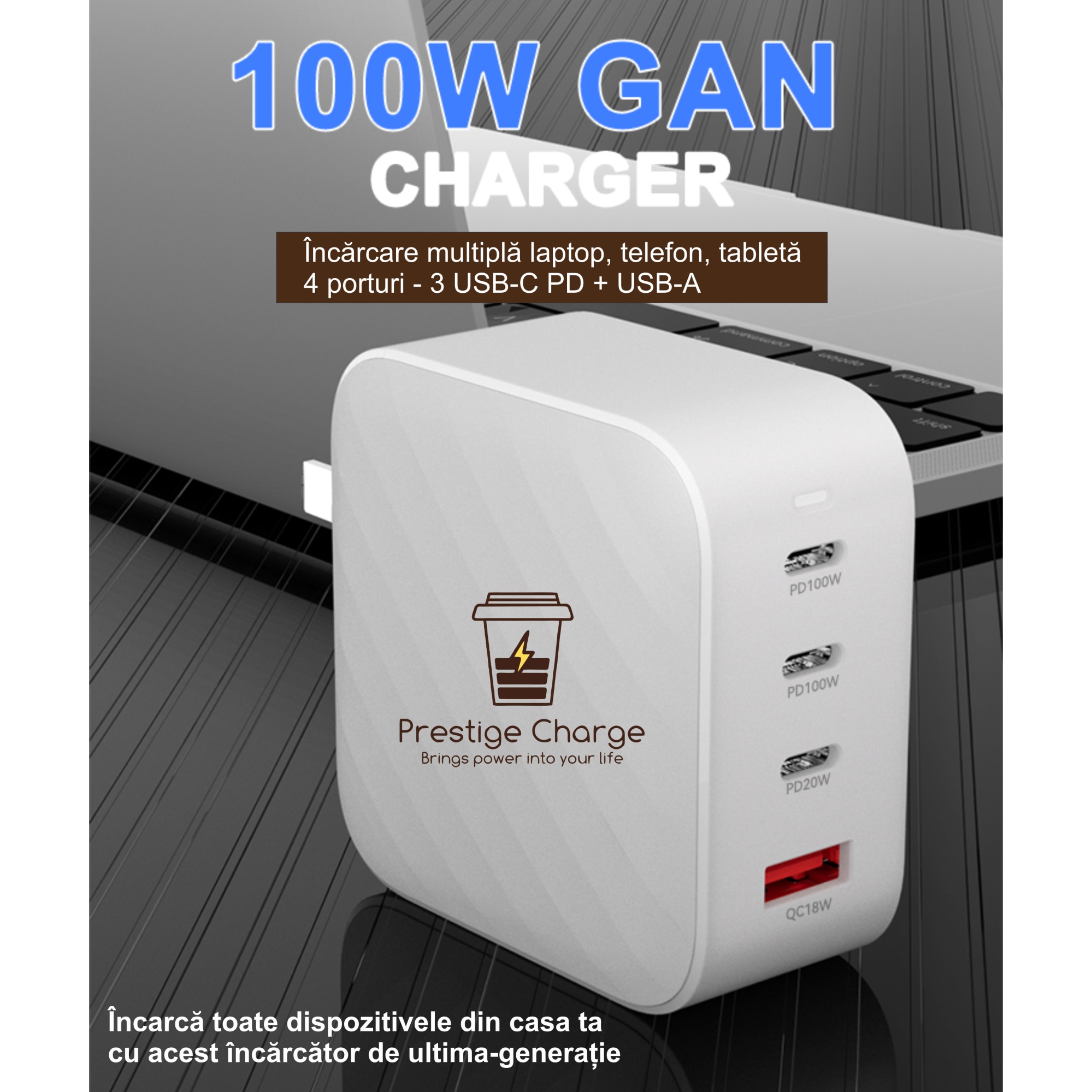 Incarcator retea GaN QuatroMini Plus 120W, AHA PRINT®, design compact ...