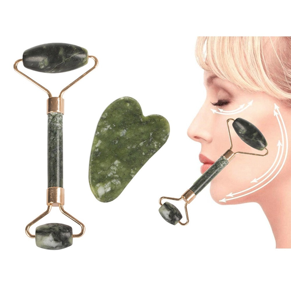 Set rola jad si piatra gua sha pentru masaj facial, corporal, efect de ...