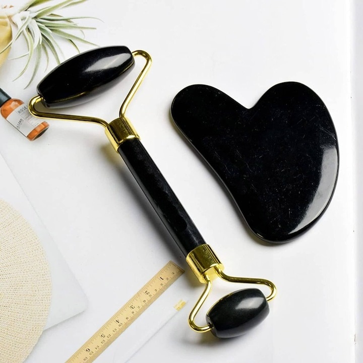 Set rola jad si piatra gua sha pentru masaj facial, corporal, efect de ...