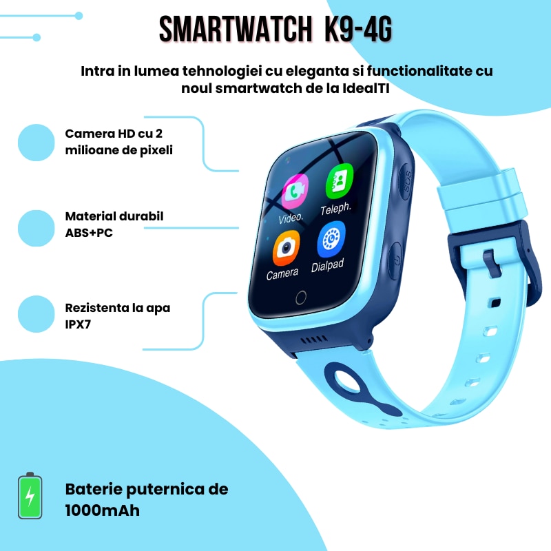 Ceas Smartwatch Pentru Copii K9 IdealTI, 4G, GPS, 1.4 inch, Monitorizare Traseu, Buton SOS, Slot ...