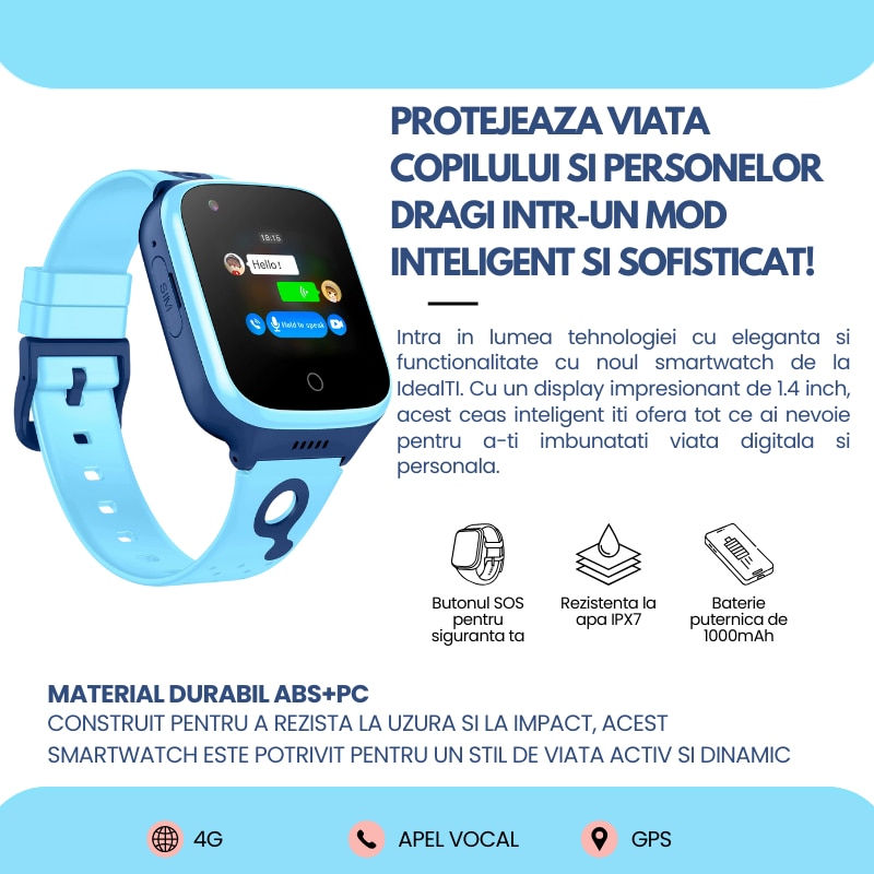 Ceas Smartwatch Pentru Copii K9 IdealTI, 4G, GPS, 1.4 inch, Monitorizare Traseu, Buton SOS, Slot ...