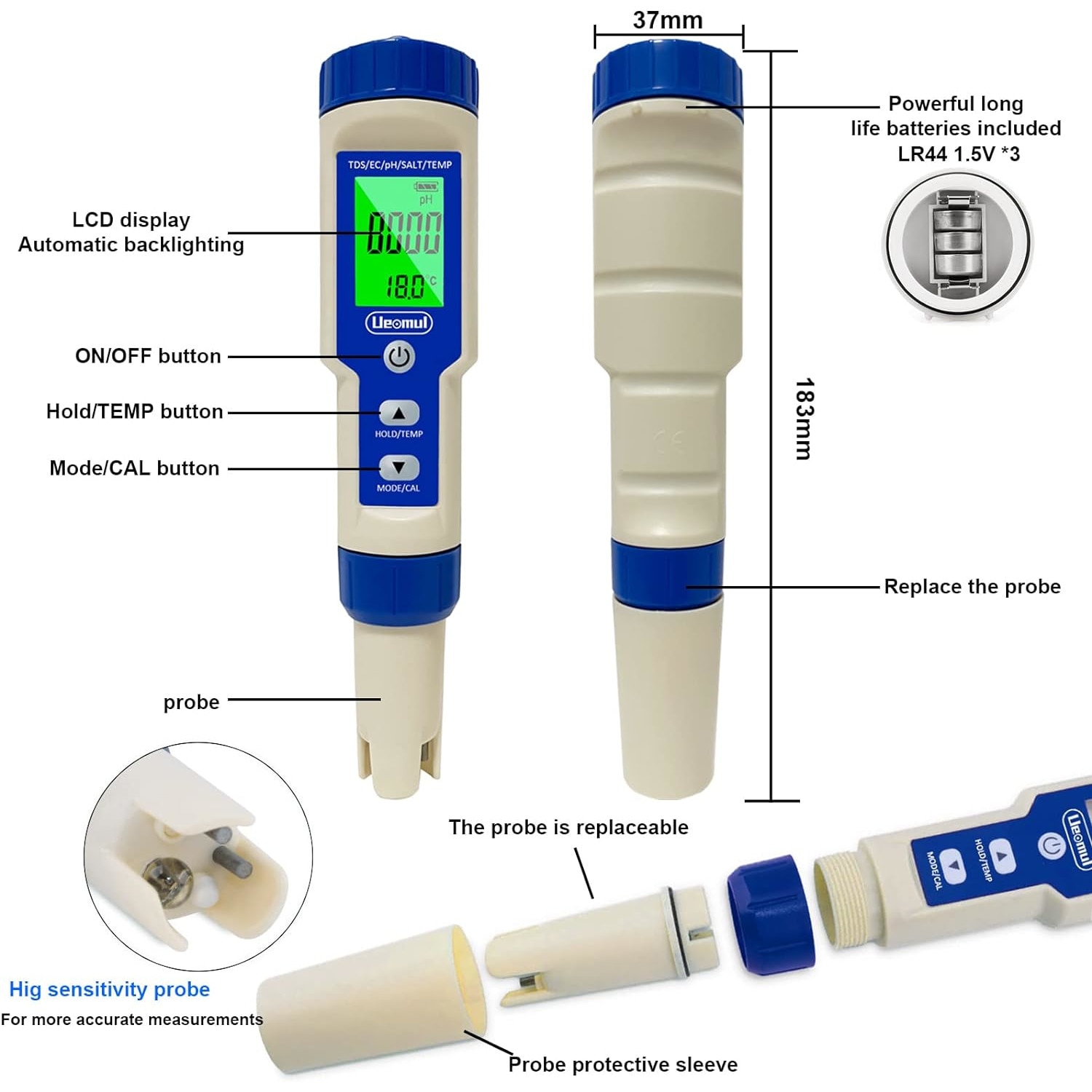 Tester Calitate Apa 5 in 1 Jormftte, IP67, Ecran LCD, Albastru/Alb ...