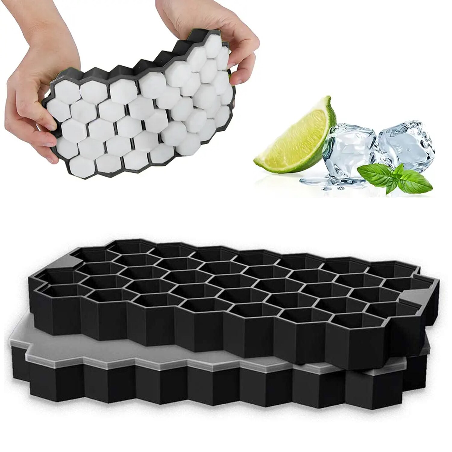 Set 3 forme pentru cuburi de gheata, silicon alimentar, cu capac ...