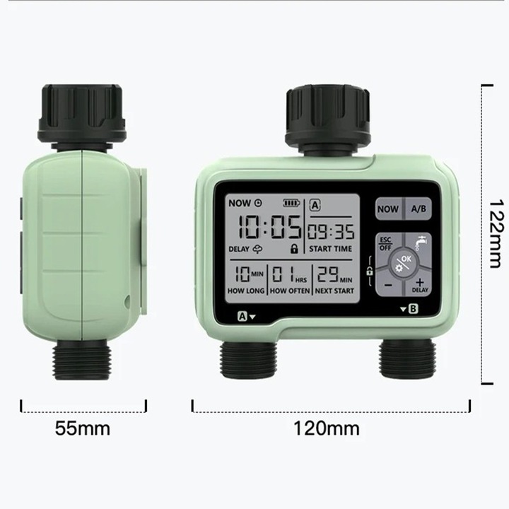 Programator pentru irigare/udare, 2 zone, IPX4, conector alama, gazon ...