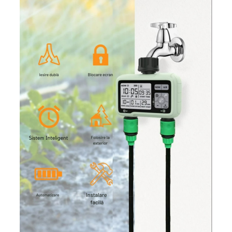Programator pentru irigare/udare, 2 zone, IPX4, conector alama, gazon ...