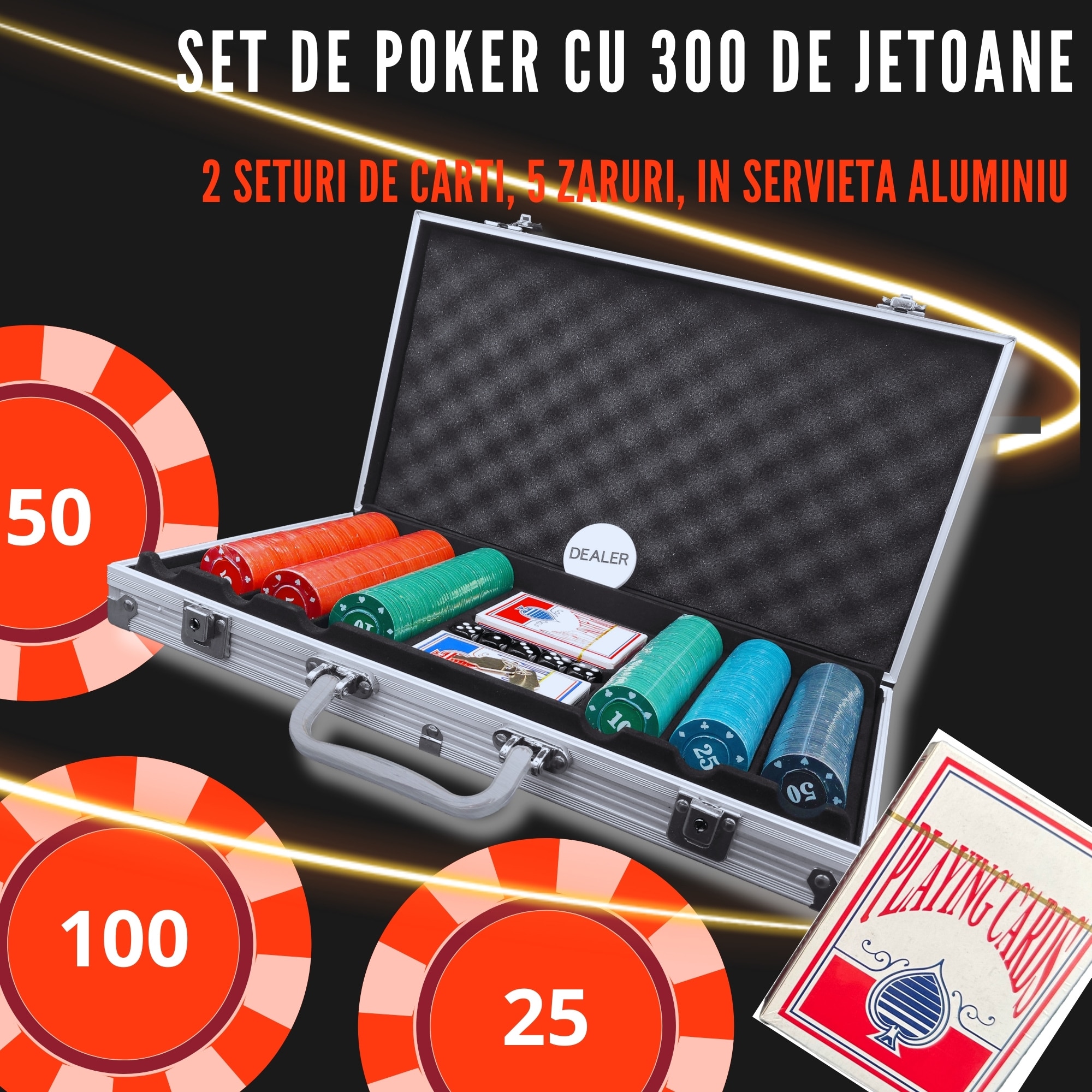 Set complet de poker GALAXIA® cu 300 de jetoane, 2 pachete de carti ...