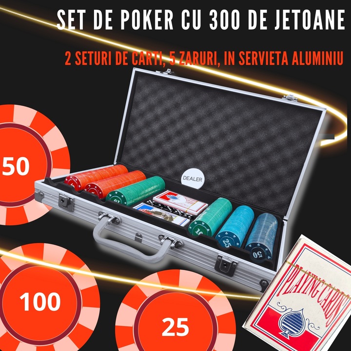Set complet de poker GALAXIA® cu 300 de jetoane, 2 pachete de carti, cutie si 5 zaruri rosii ...