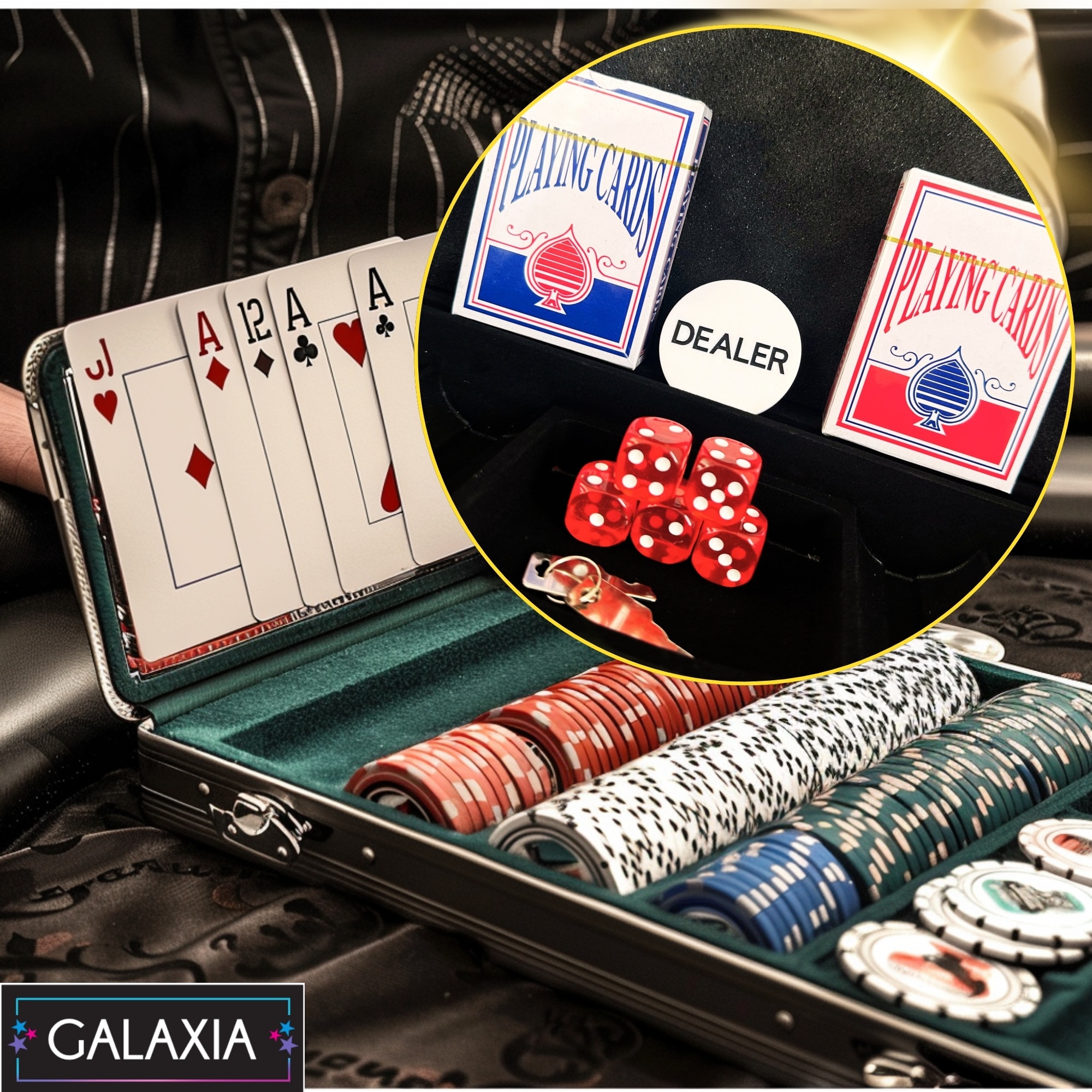 Set complet de poker GALAXIA® cu 300 de jetoane, 2 pachete de carti ...