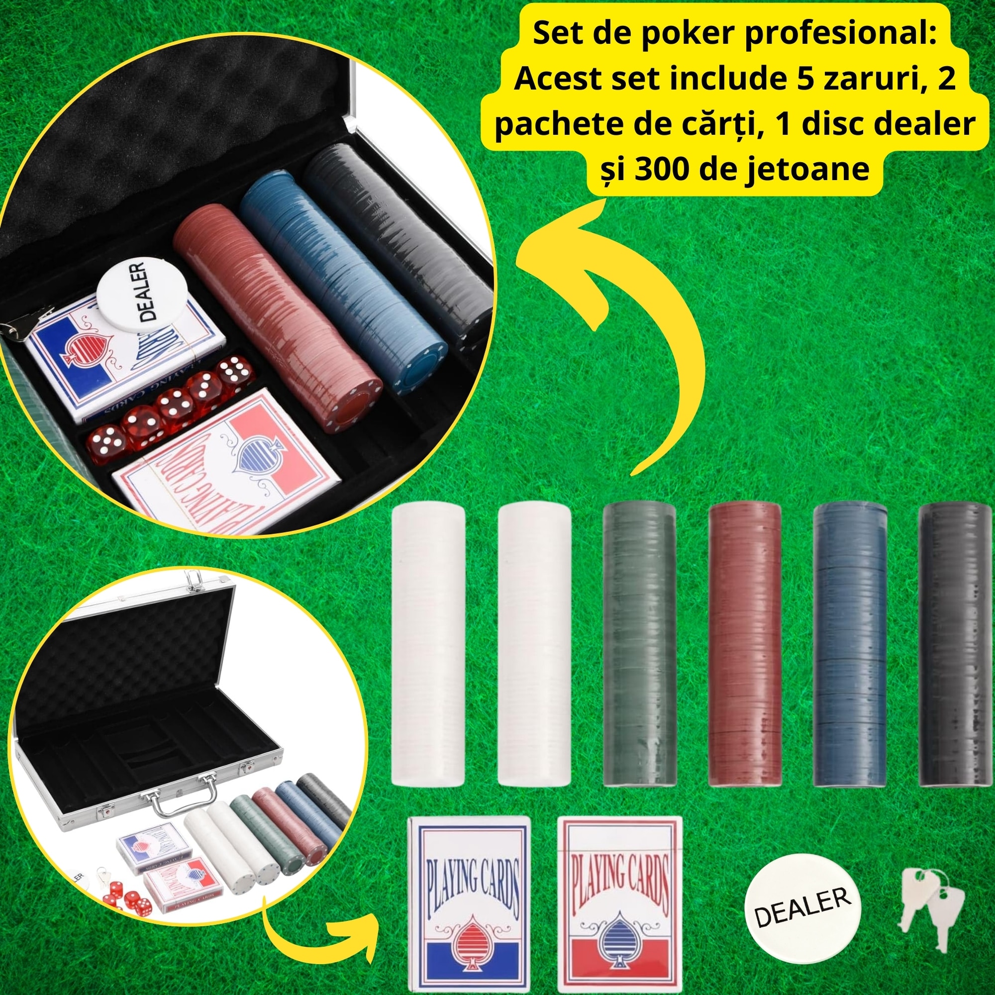 Set complet de poker GALAXIA® cu 300 de jetoane, 2 pachete de carti, cutie si 5 zaruri rosii ...