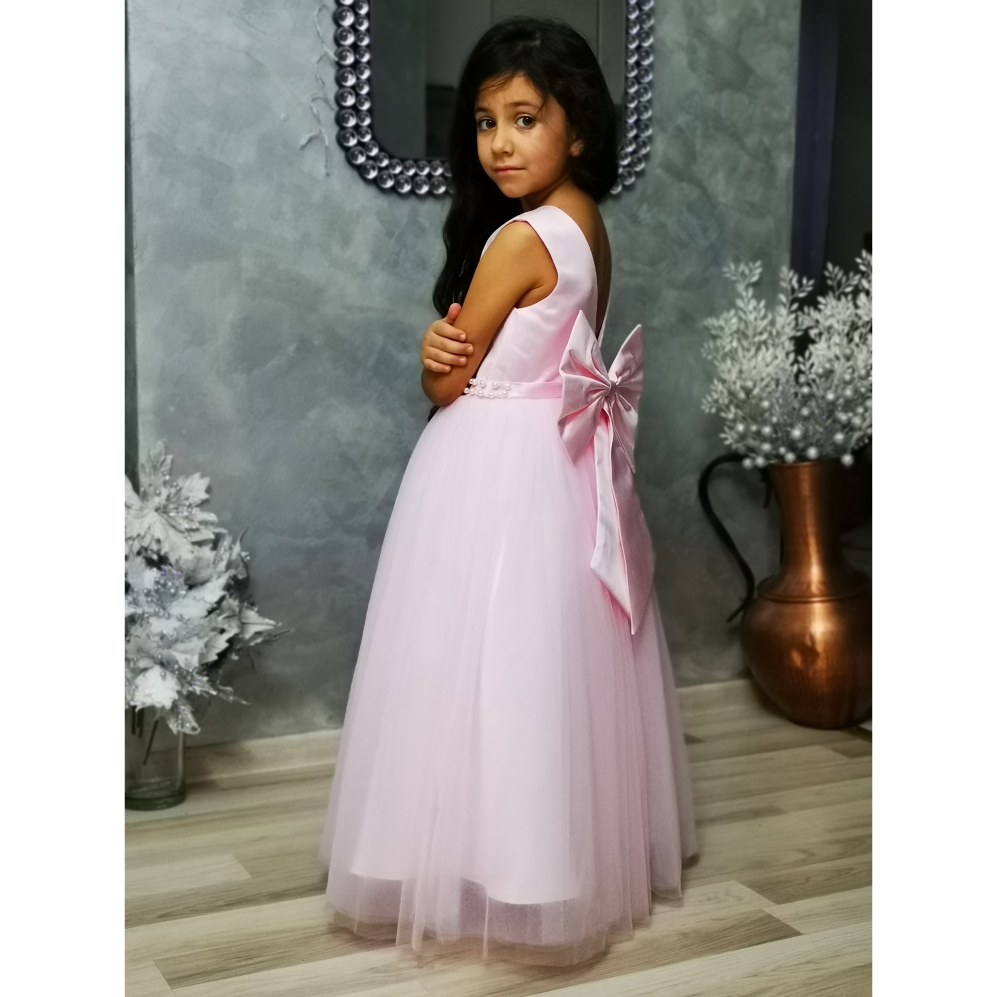 Rochita de printese cu perle si fonta, in V la spate model unicat, Roz ...