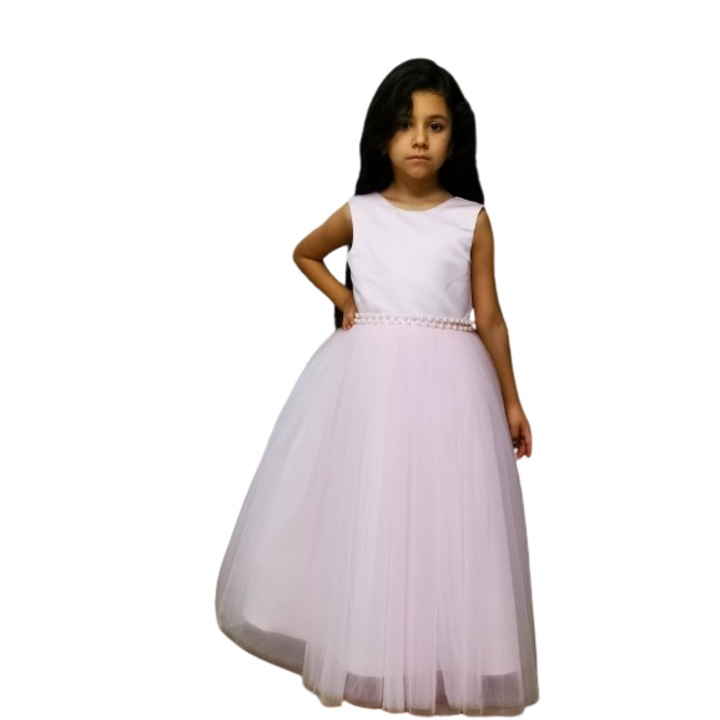 Rochita de printese cu perle si fonta, in V la spate model unicat, Roz ...