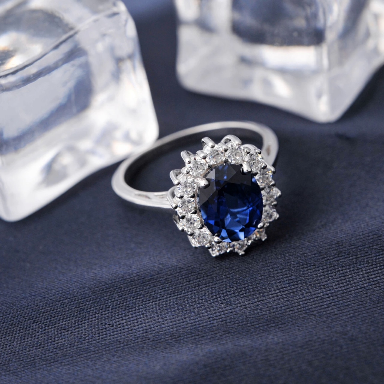 Inel din argint cu safir albastru si zirconiu, Royal Sapphire (Marime ...