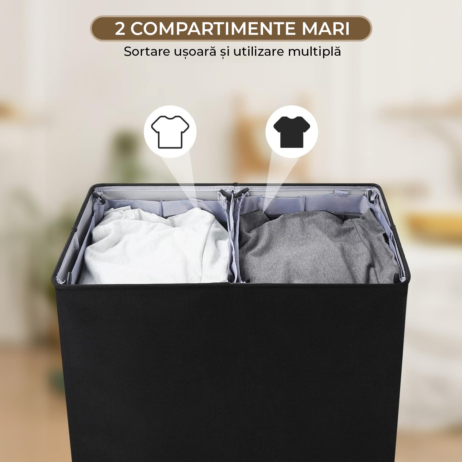 Cos de rufe pliabil Elindor, cu capac si saci de rufe detasabili, 2 ...