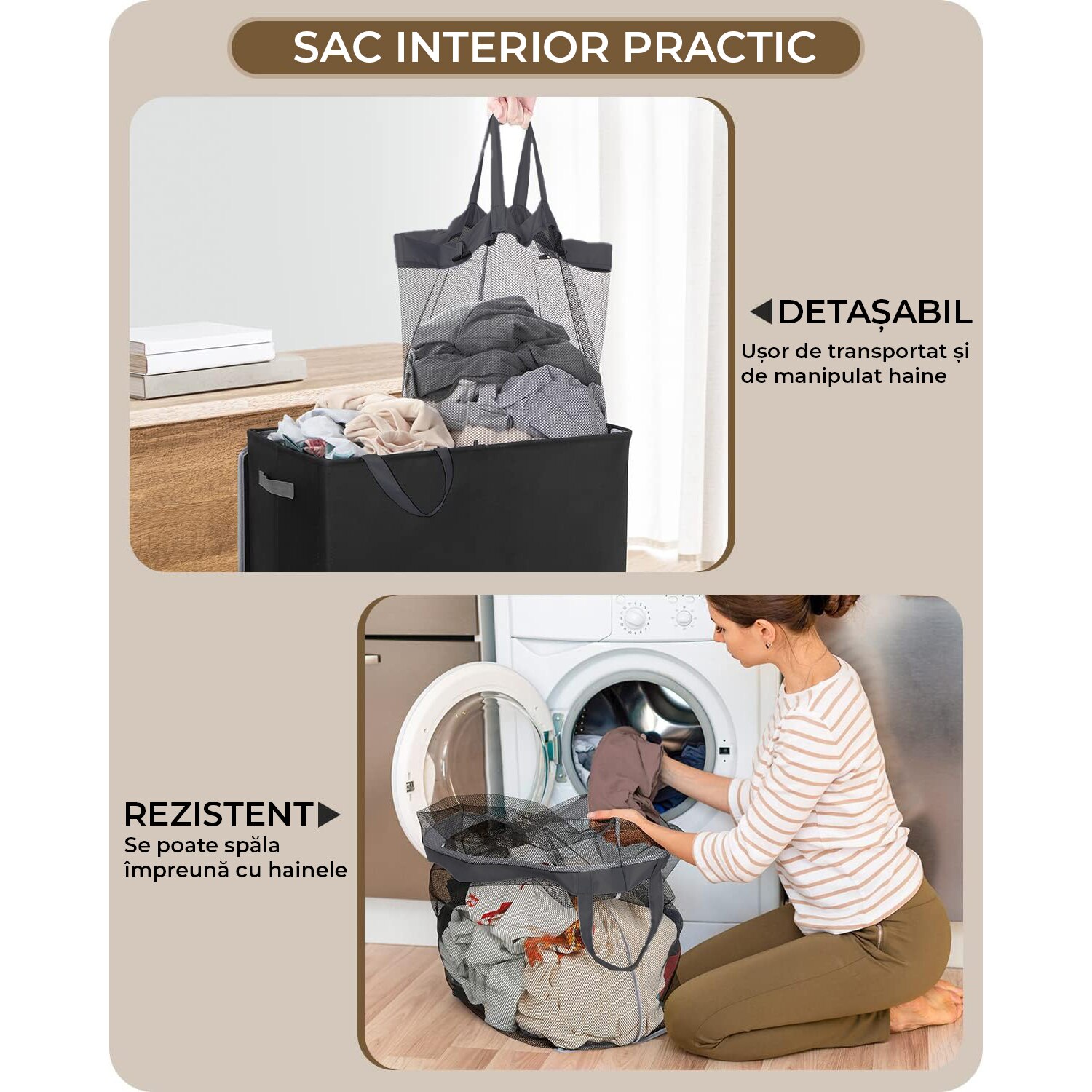 Cos de rufe pliabil Elindor, cu capac si saci de rufe detasabili, 2 ...