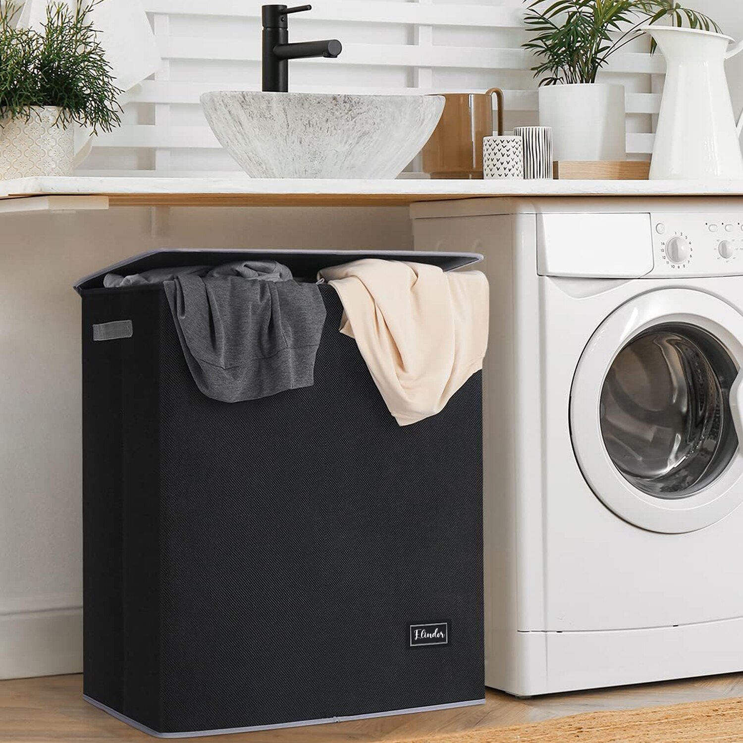 Cos de rufe pliabil Elindor, cu capac si saci de rufe detasabili, 2 ...