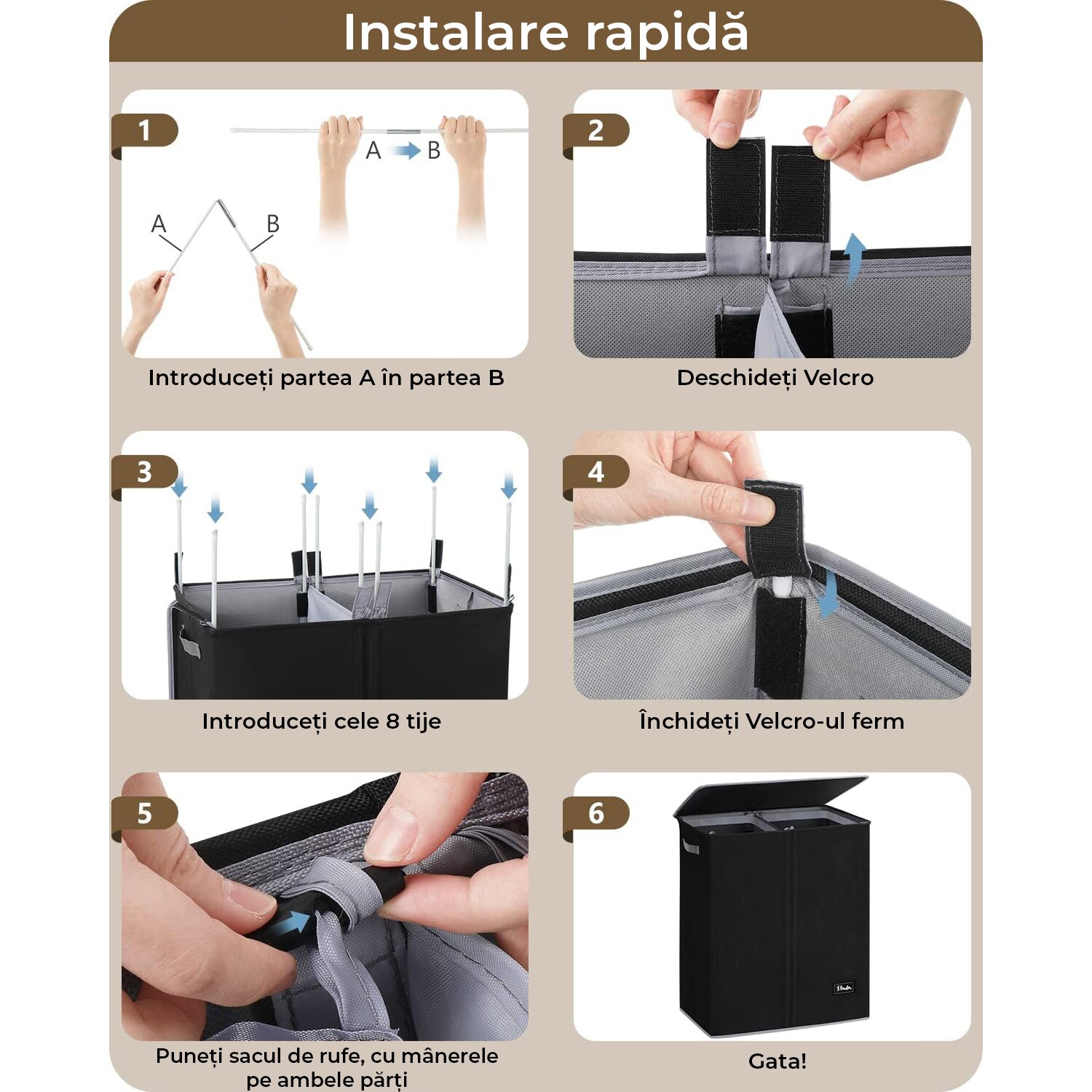 Cos de rufe pliabil Elindor, cu capac si saci de rufe detasabili, 2 ...