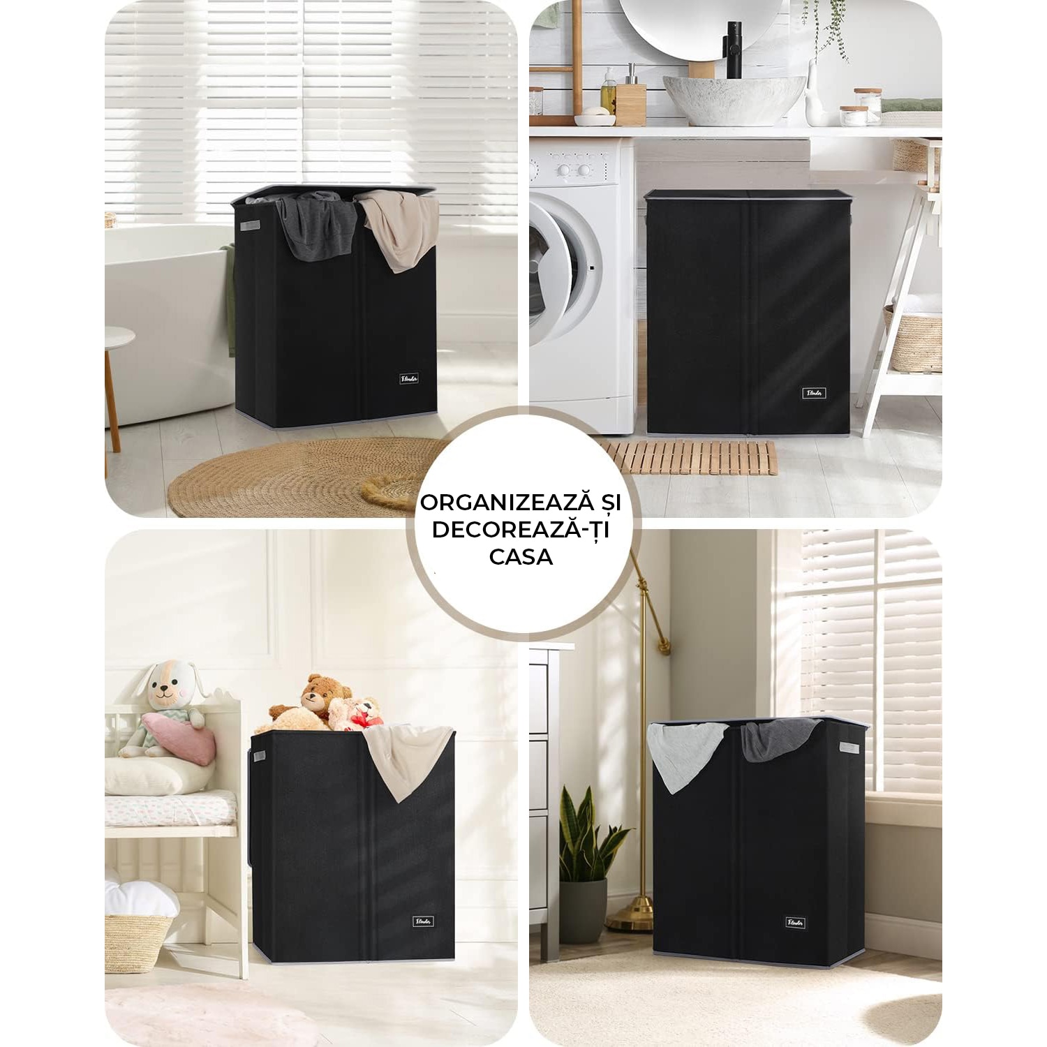 Cos de rufe pliabil Elindor, cu capac si saci de rufe detasabili, 2 ...
