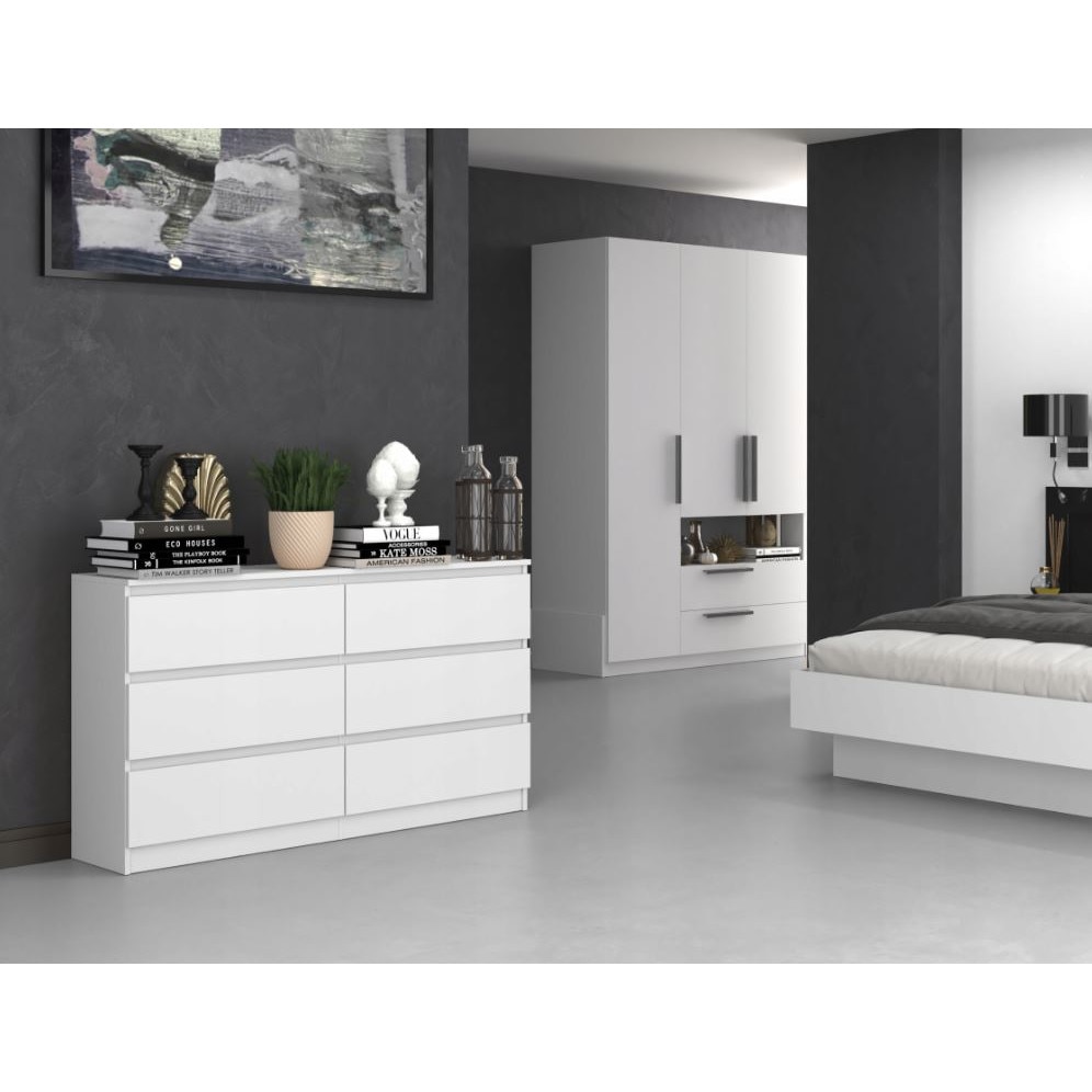 Comoda 120 cm, alba, cu 6 sertare, ideala pentru dormitor. Eleganta ...