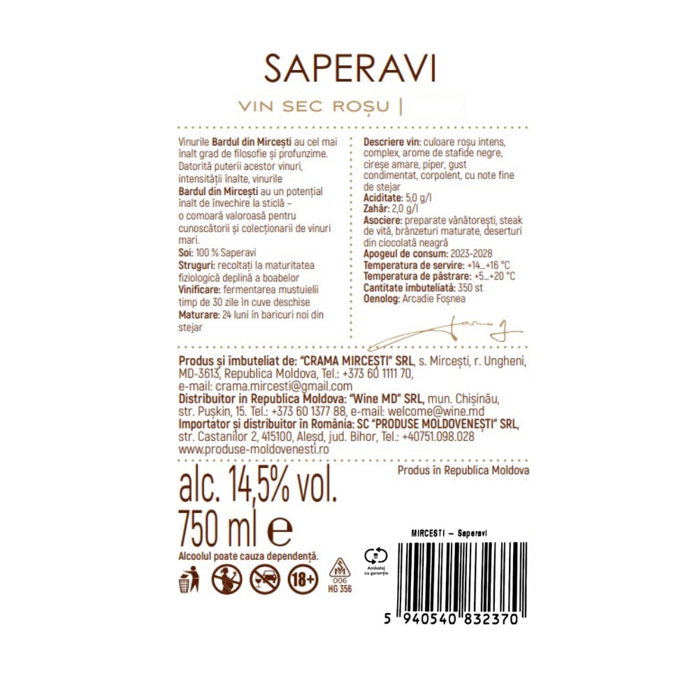 Vin Rosu Crama Mircesti, Bardul din Mircesti, Saperavi, Sec, 0.75l ...