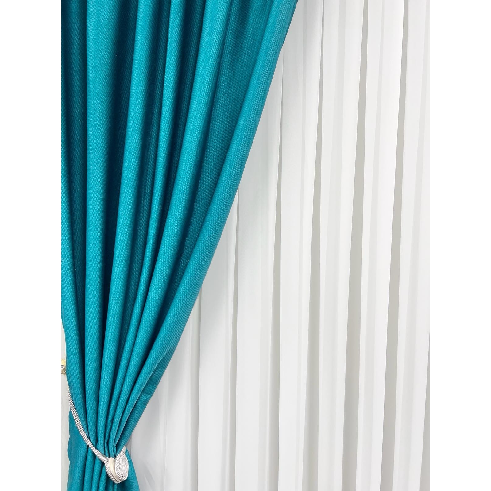 Set 2 draperii blackout pe textura de in, turcoaz, lucrate pe rejansa ...