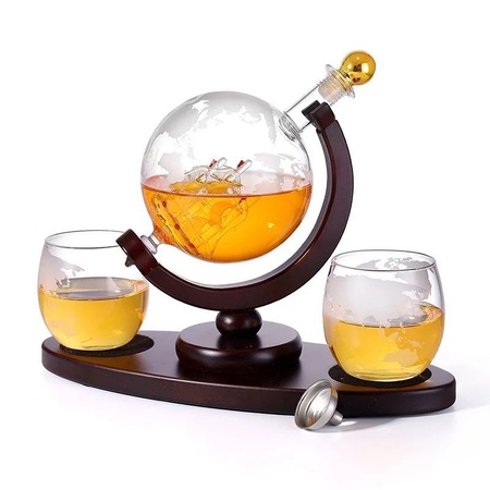 Set decantor coniac cu 2 pahare si cu suport inclus, Model glob ...