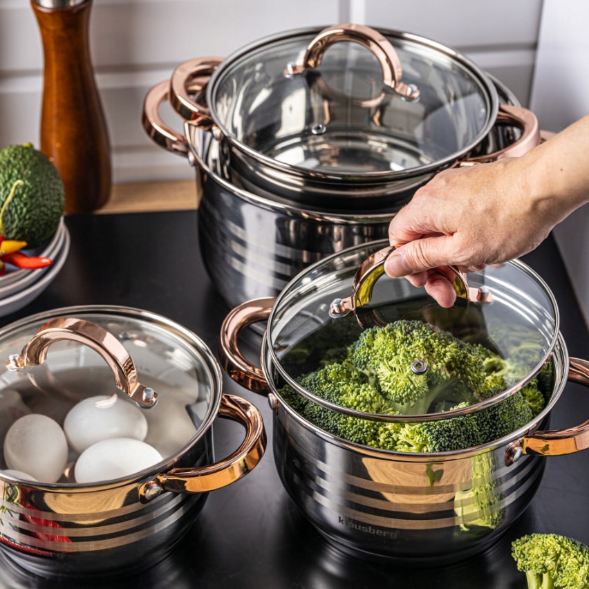 Set 4 oale cu capac, inox, 2.1l, 2.9l, 3.9l, 6.6l, fund multistrat ...