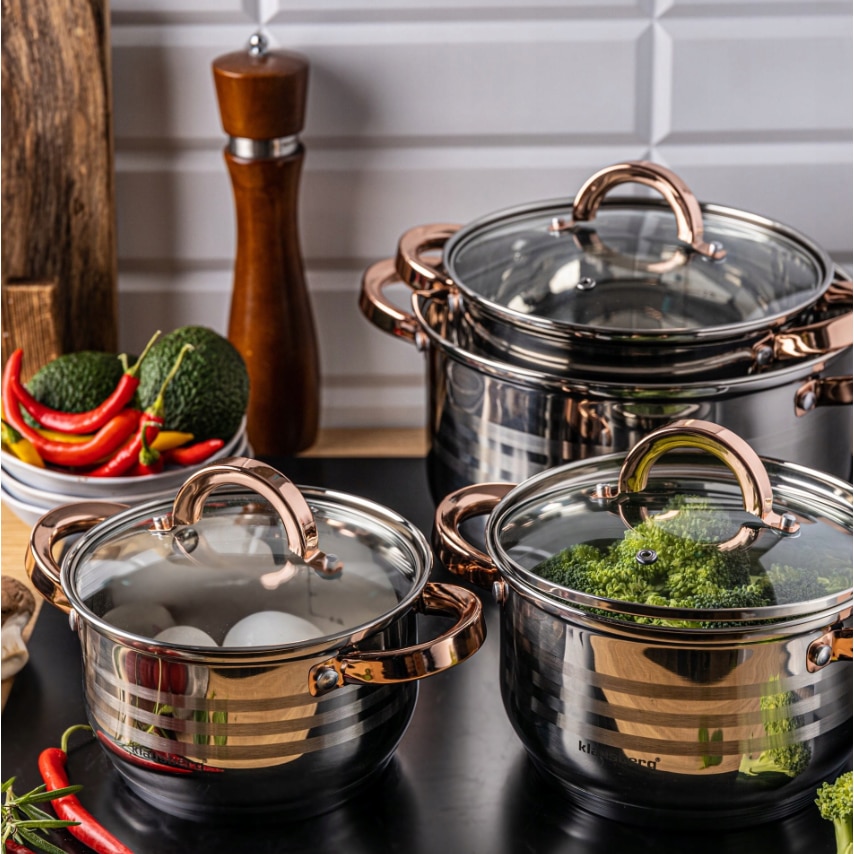 Set 4 oale cu capac, inox, 2.1l, 2.9l, 3.9l, 6.6l, fund multistrat ...