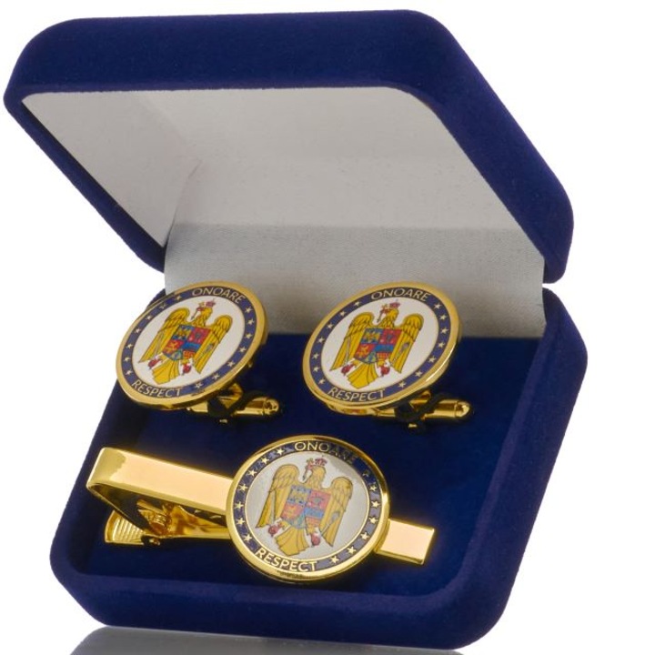 Set Butoni si Ac de Cravata cu Stema Romaniei, Text Onoare Respect ...